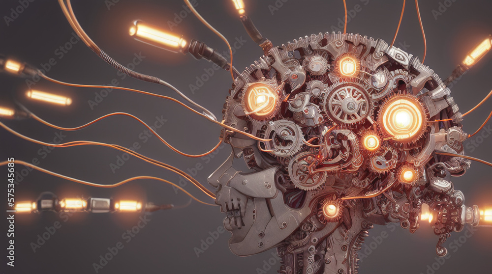 mechanical human brain made of cogs and gears and wires, highly ...