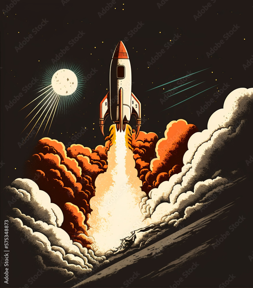 comic drawing of rocket taking off. Launch Stock Illustration | Adobe Stock