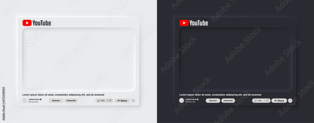 Youtube video template set. Youtube video player interface. Neumorphism ...