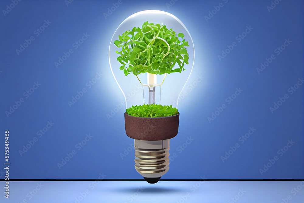 Small plant in a light bulb on blue background frame Energy Saving ...