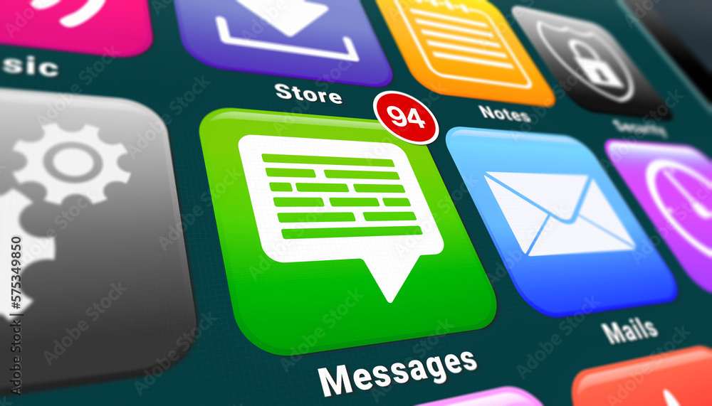 Illustation of a smartphone screen. In focus a message app with ...