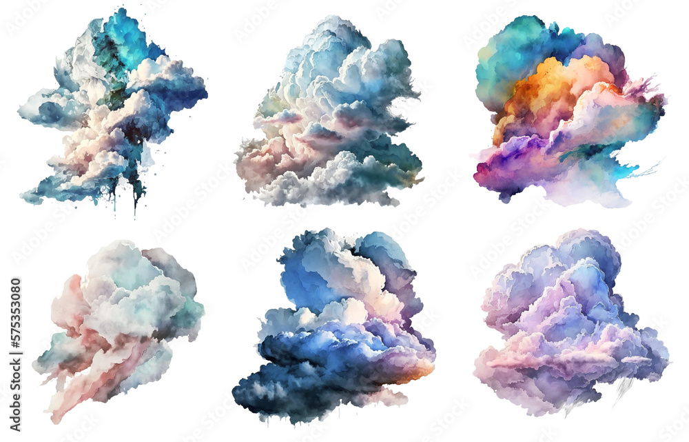 Six different clouds in beautiful dramatic colors in watercolor on a ...