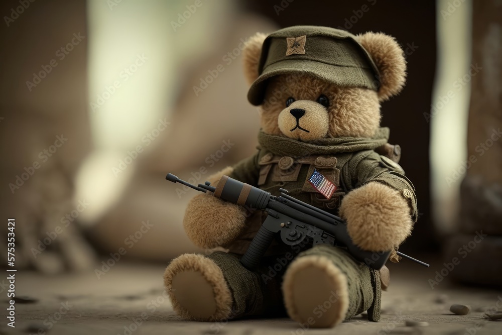 Teddy bear toy dressed in military uniform holds weapon, AI generated ...