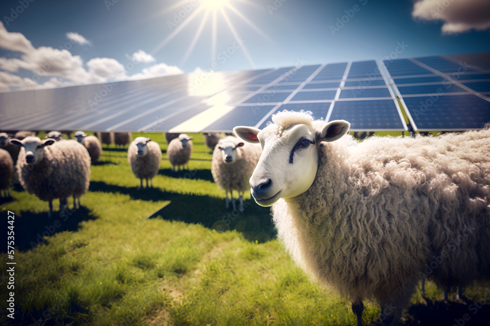 Solar panels on meadow with sheep, photovoltaic, green energy ...
