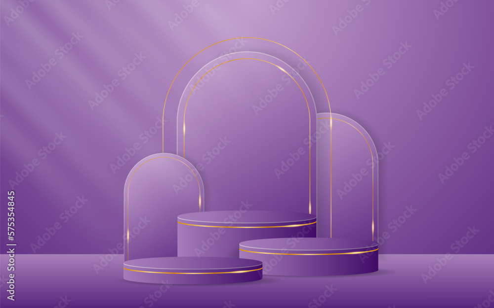 Multi-tiered purple podium with purple curved border and gold lines on ...