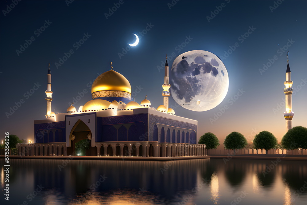 Mosque Night time full moon Ramadan Kareem Eid Greetingsl Islamic ...