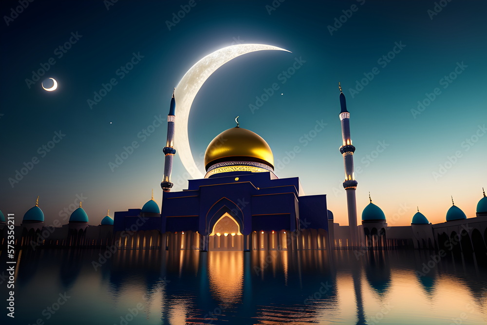 Mosque Night time full moon Ramadan Kareem Eid Greetingsl Islamic ...