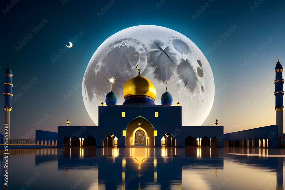 Mosque Night time full moon Ramadan Kareem Eid Greetingsl Islamic ...