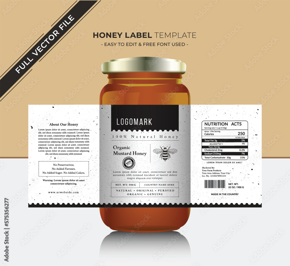 Honey design and natural honey label with vector new honey jar label ...