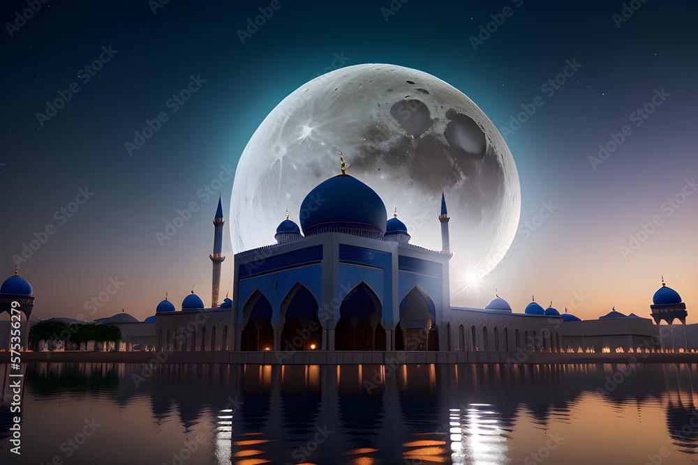 Mosque Night time full moon Ramadan Kareem Eid Greetingsl Islamic ...