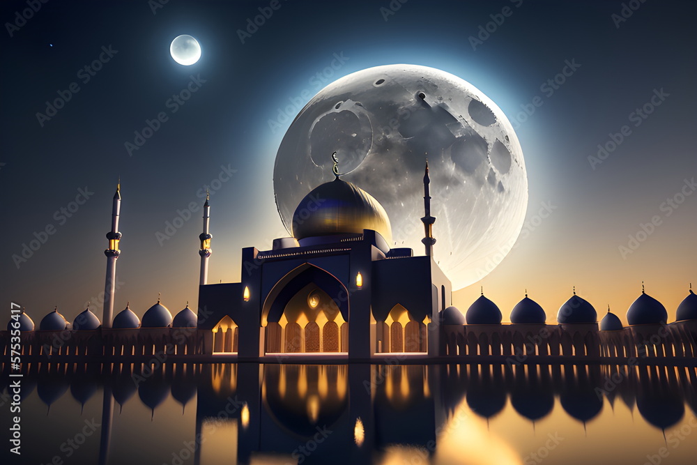 Mosque Night time full moon Ramadan Kareem Eid Greetingsl Islamic ...