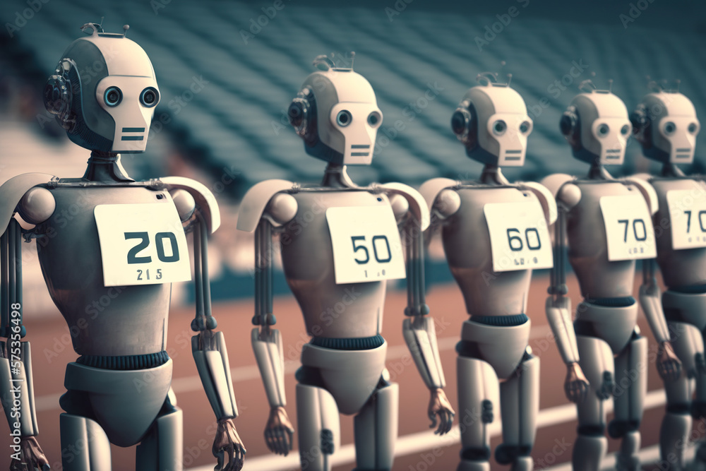 5 robots dressed in sportswear with numbers as athlete, concept of ...