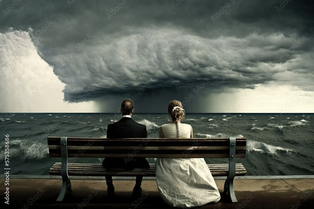A sad bride and groom in wedding dress sit at bench looking on storm ...
