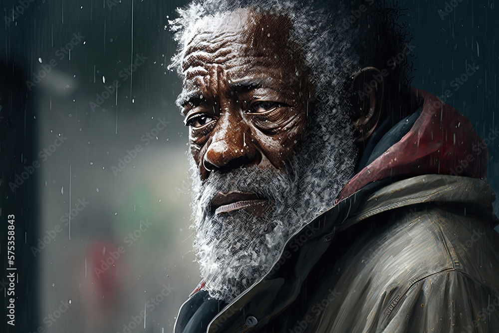 Portrait, black afro-american old man, with beard and sad face, Ai ...
