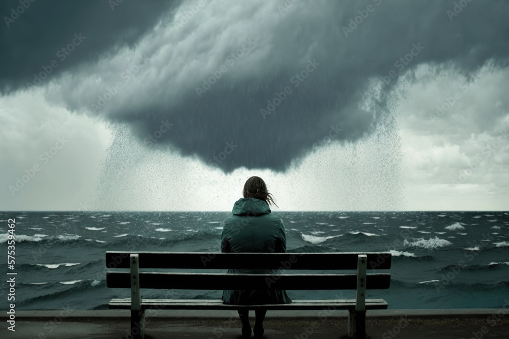 A sad woman sits on a bench and looks at the storm, concept of ...