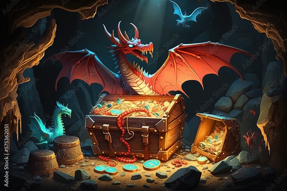 Cave with dragon and treasure, piles of gold coins, jewelry and gem. Ai ...