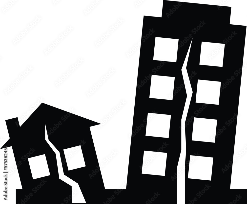 Earthquake icon on white background. Earthquake damaged to houses and ...