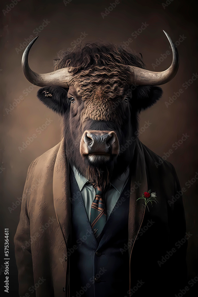 Generative AI illustration of anthropomorphic bull or buffalo in ...