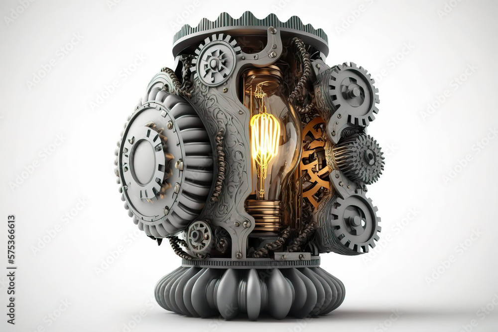 Mechanism with gears, a new lamp isolated on a white background. In the ...
