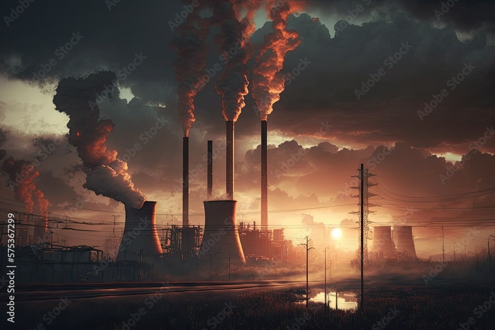 The sun sets over the factory town. Smoke billows from the chimneys of ...