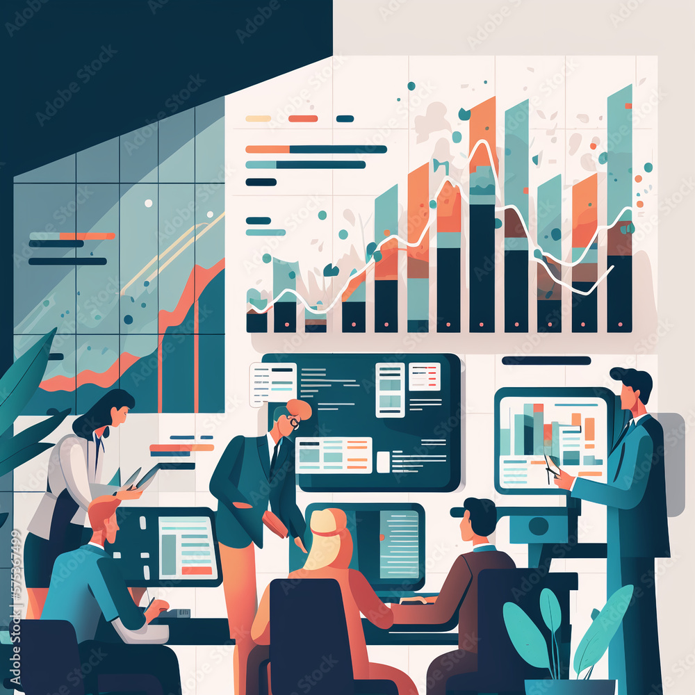 illustration of a busy office scene, with employees typing away at ...