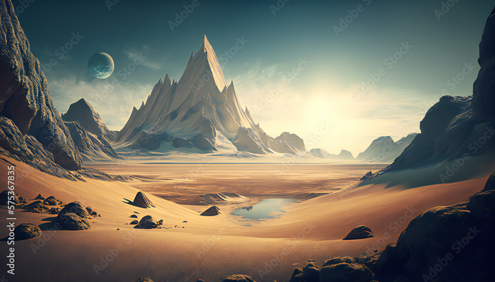 Dune landscape with mountains, scenery of alien planet in deep space ...