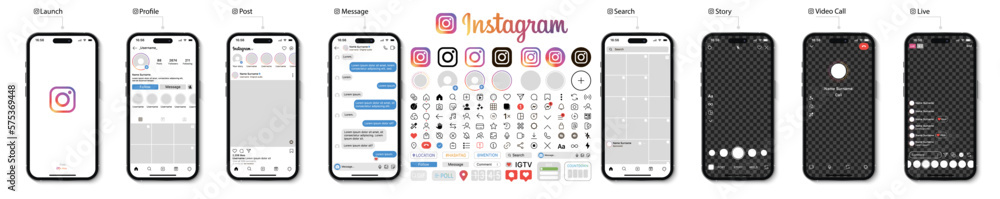 Instagram screen mockup set. Instagram social media template and ...