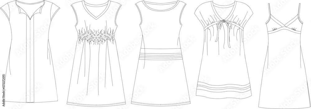 Woman dresses, shirts and tunics technical drawing, template, sketch ...