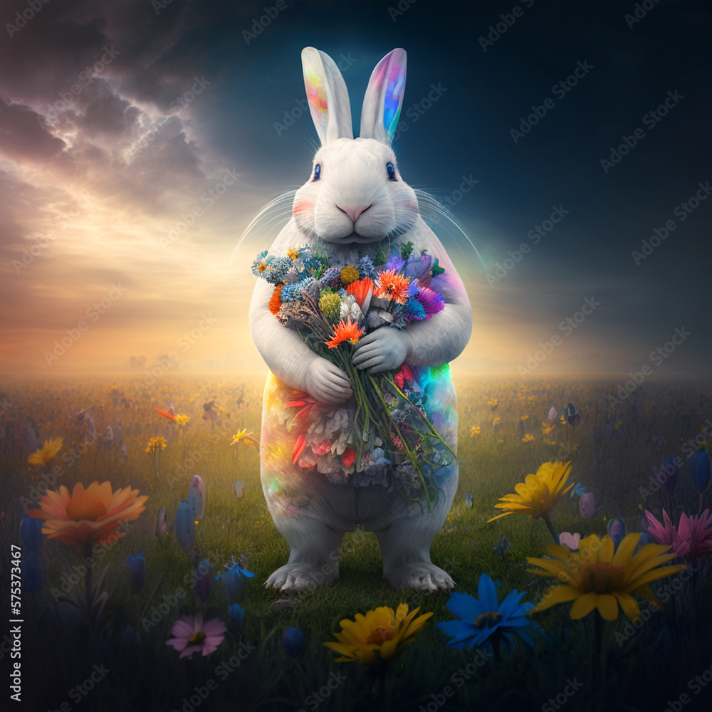 Osterhase mit bunten Blumenstrauß, generative AI Stock Illustration ...