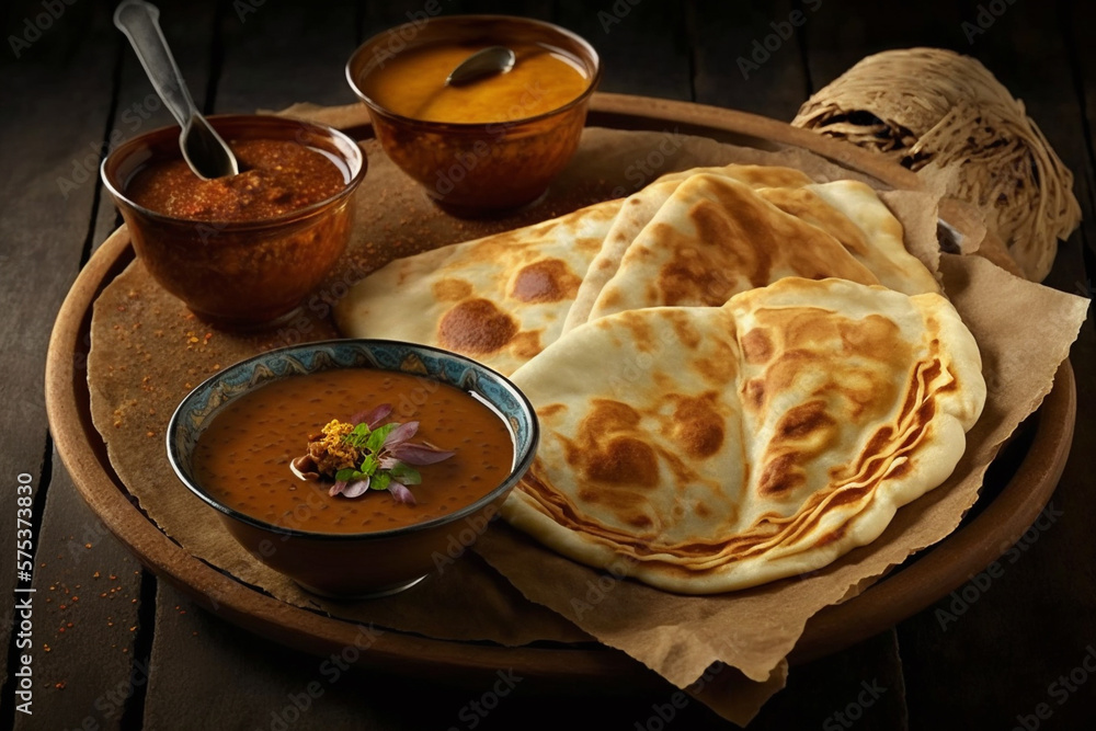 View of roti canai and chicken curry. Roti Canai and chicken curry is a ...