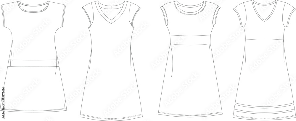 Woman dresses, shirts and tunics technical drawing, template, sketch ...