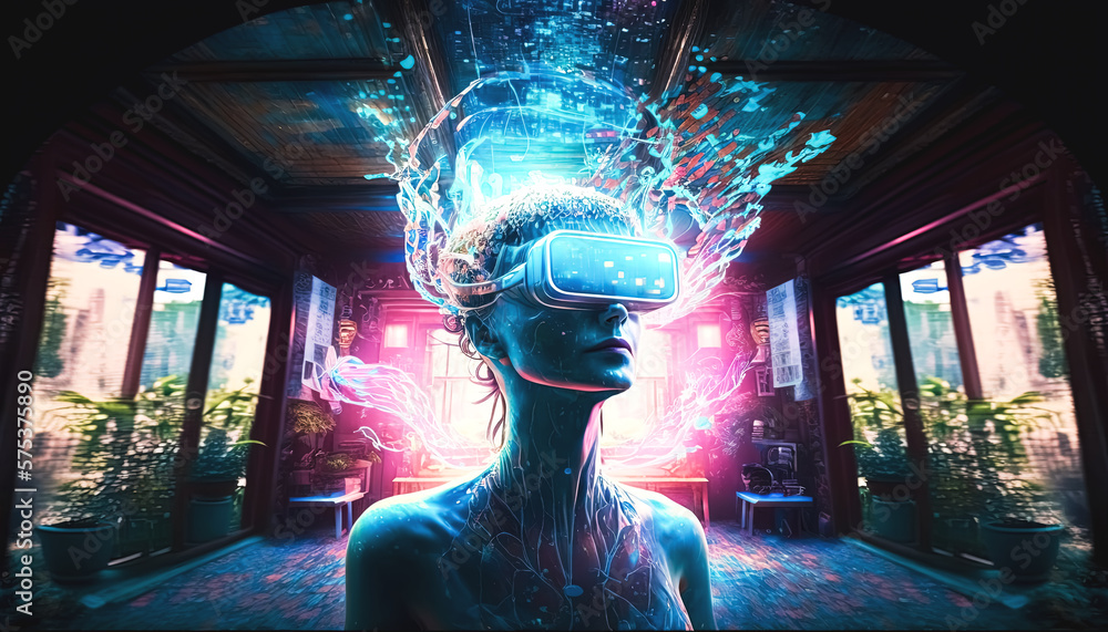 Generative AI illustration of a Creative Metaverse An Avatar wearing VR ...