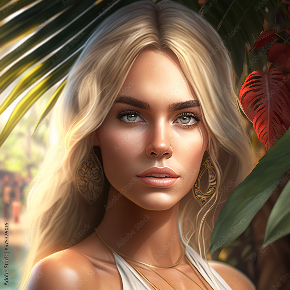 Portraut from blonde girl AI Generated illustration with tropical ...