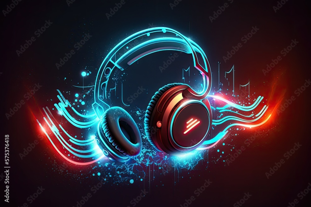 Neon sound wave, red headphones, bitcoin, and a musical note on a ...