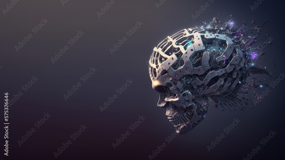 Robotic human brain and skull with detailed circuits. Concept art of ...