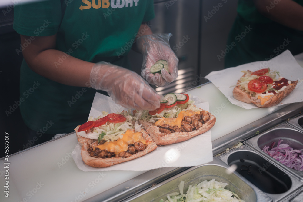 Bangkok, Thailand - February 25, 2023 : Subway Staff is cooking Subway ...