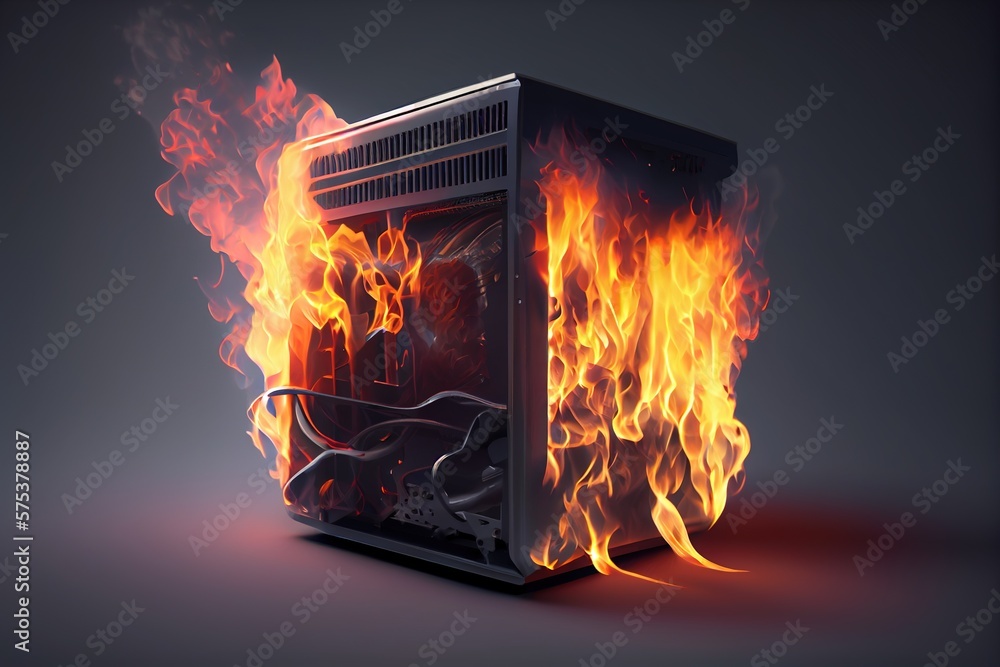 Generative AI illustration of burning computer server in messy dark ...