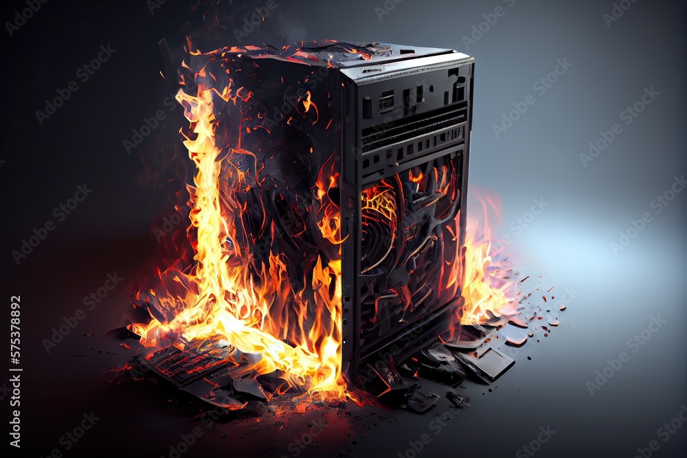 Generative AI illustration of burning computer server in messy dark ...