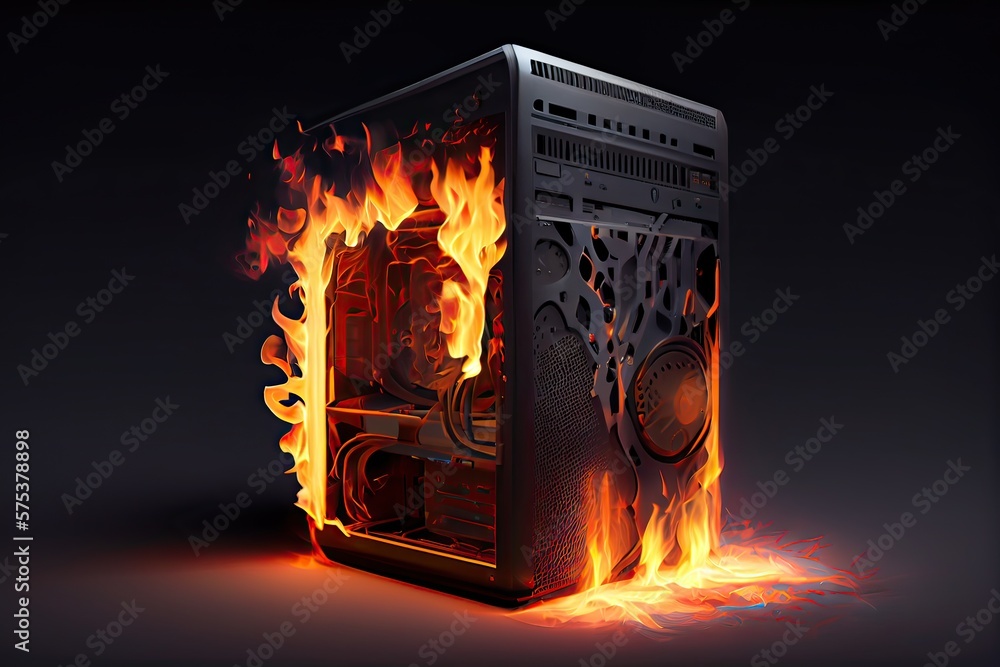 Generative AI illustration of burning computer server in messy dark ...