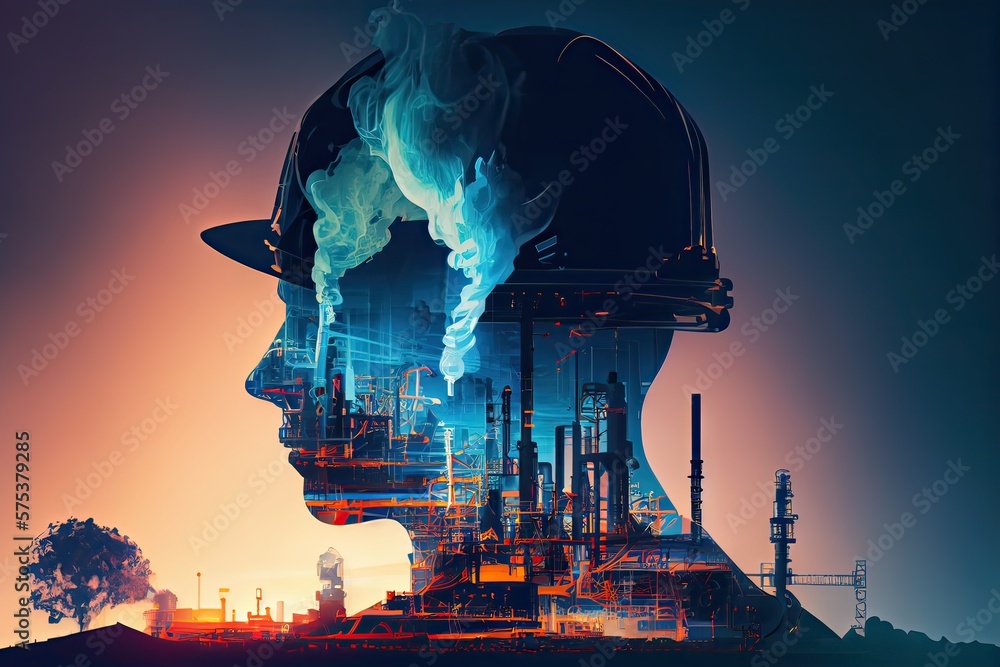 Generative AI illustration of a double exposure worker head, an oil ...