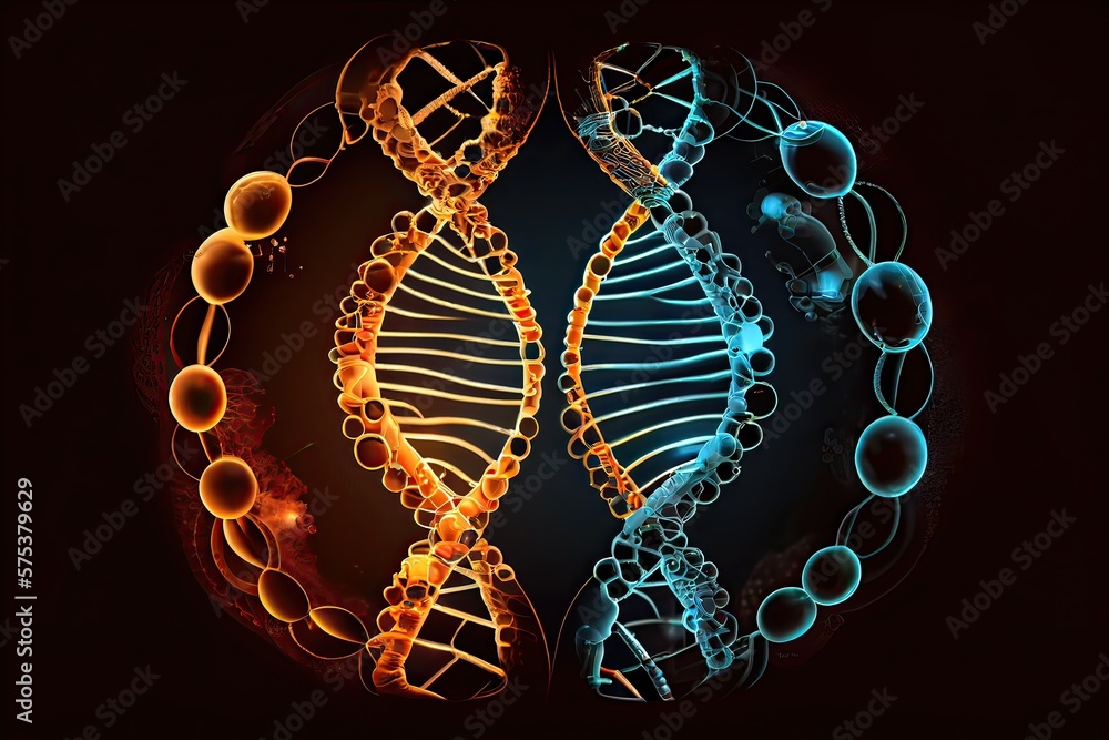 Generative AI illustration of DNA molecule composition. Double helix of ...
