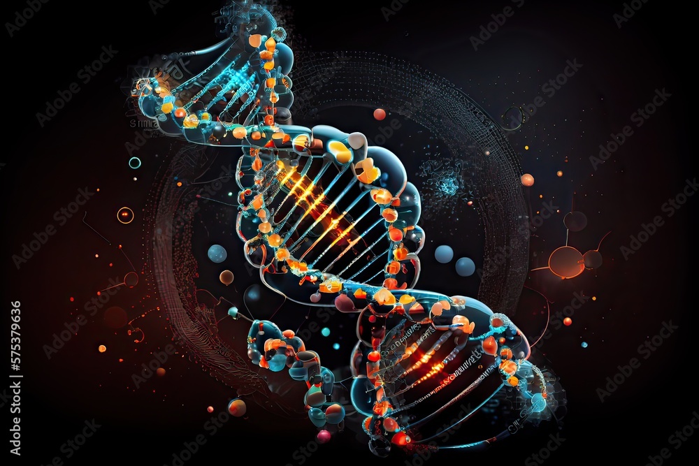Generative AI illustration of DNA molecule composition. Double helix of ...