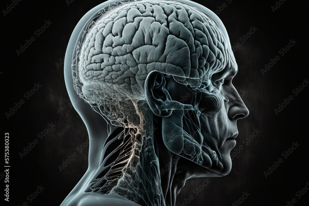 Human brain inside the man's head. Migraine, headache concept ...