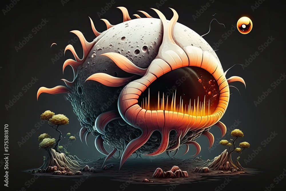 Sci fi monster planet in cartoon style, featuring a huge gaping maw. A ...