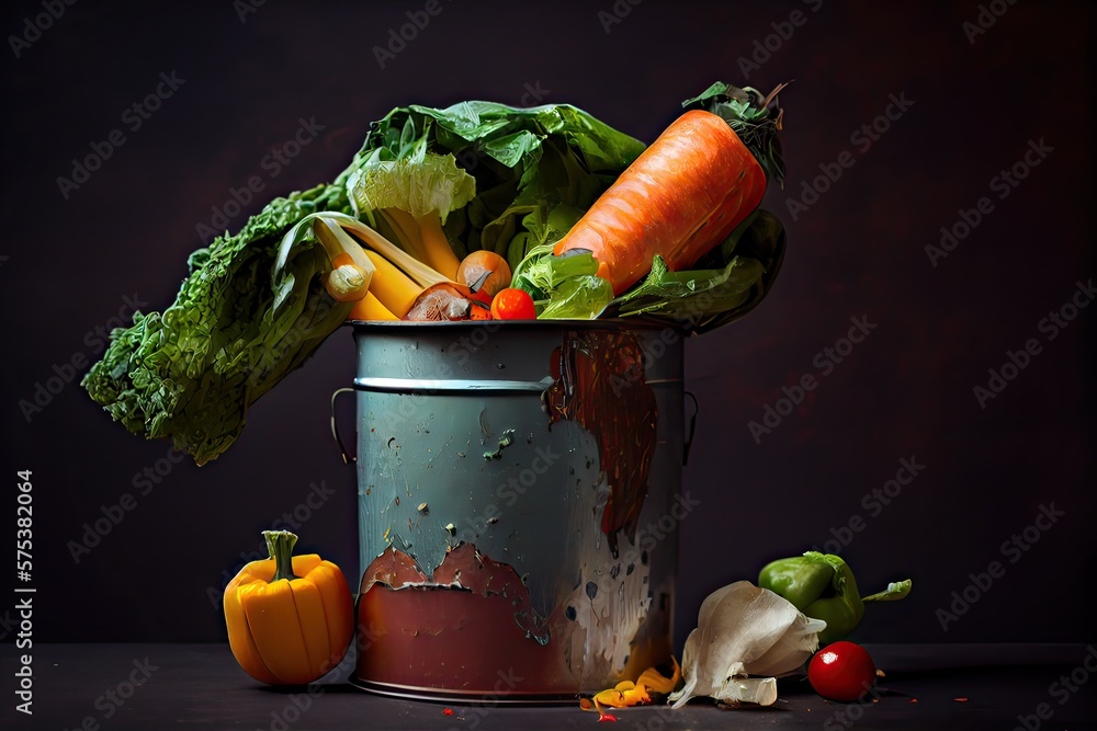 Generative AI illustration of Unused, rotten veggies are disposed of in ...