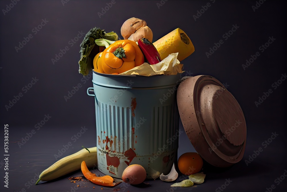 Generative AI illustration of Unused, rotten veggies are disposed of in ...