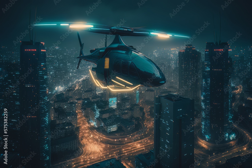 Urban air mobility at night fly across city. Air taxi, UAM urban air ...