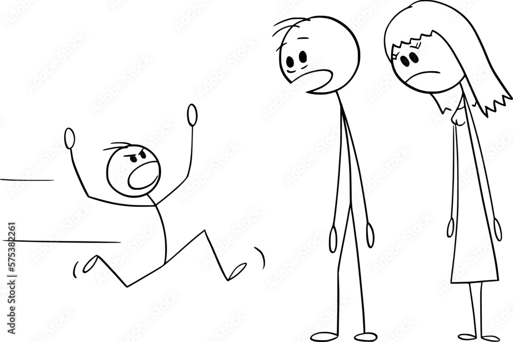 Parents Looking at Naughty Child , Vector Cartoon Stick Figure ...