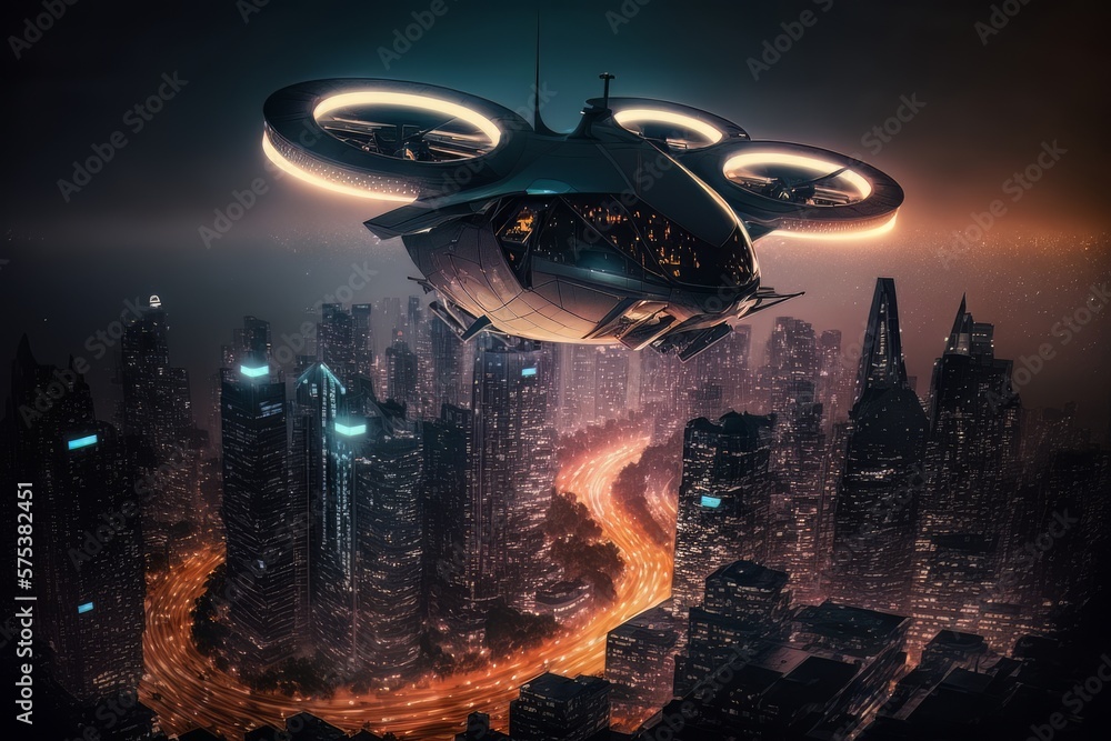 Urban air mobility at night fly across city. Air taxi, UAM urban air ...