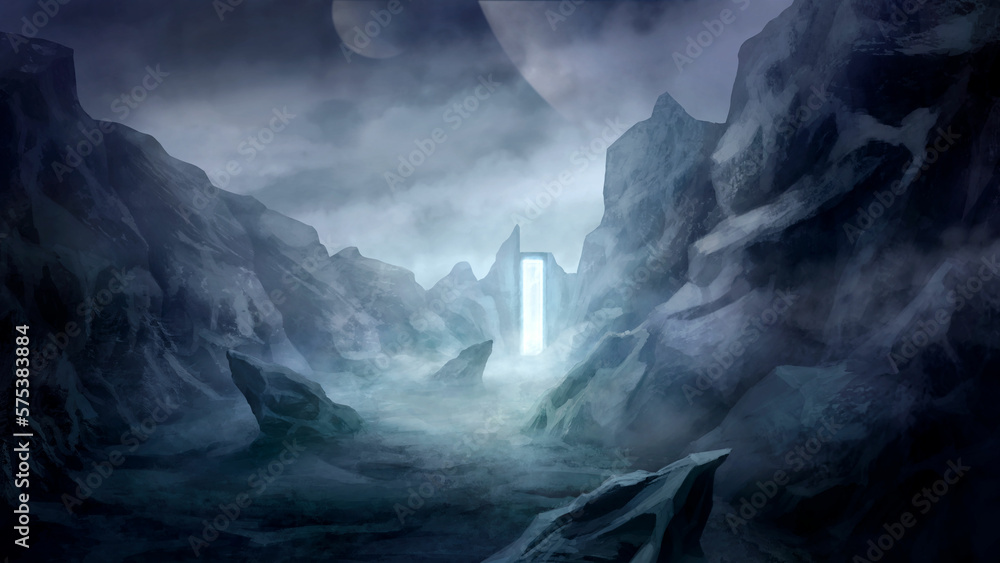 Sci-fi landscape with a bright portal at the end of a dark gorge in the ...